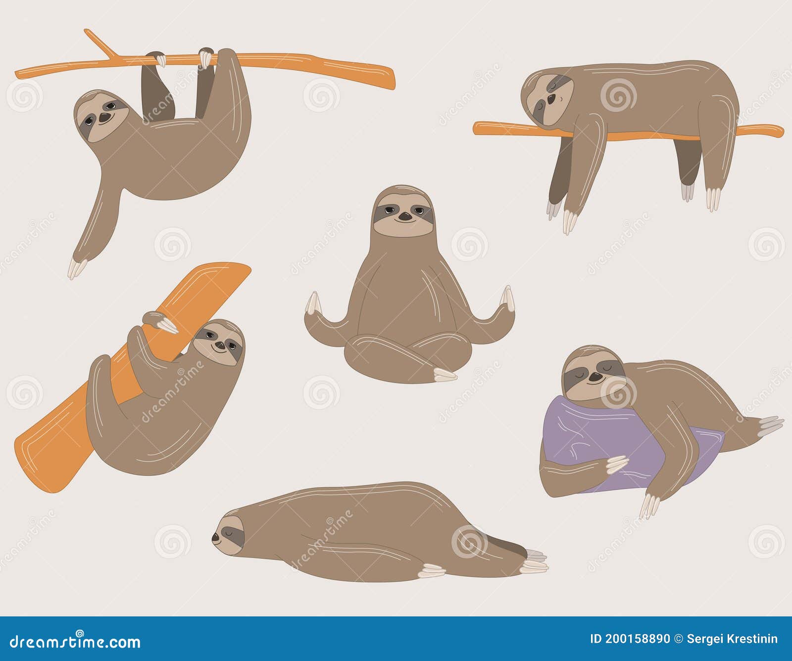Sloth in different poses stock illustration. Illustration of cute ...