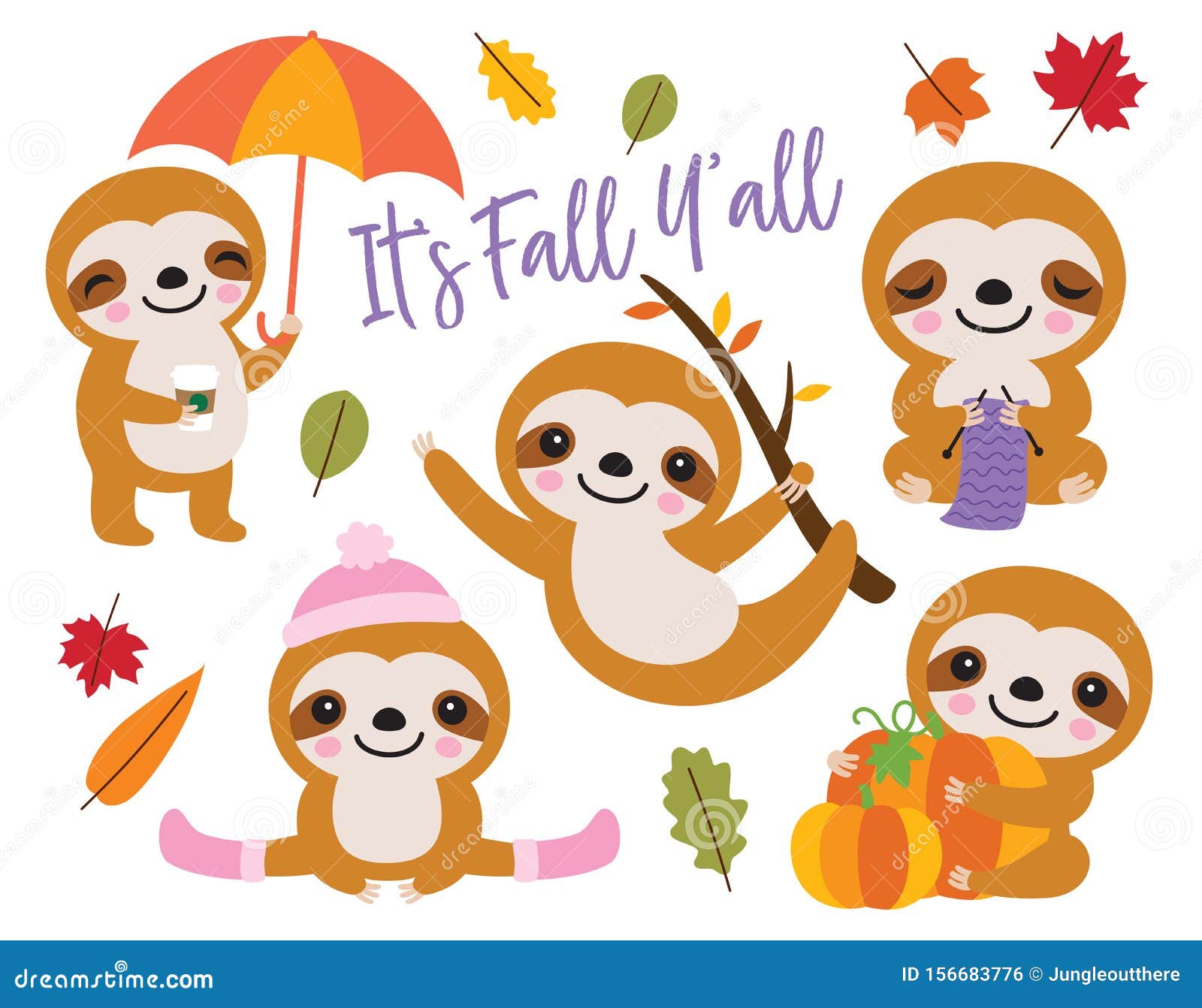 Cute Baby Sloth in Fall Autumn Stock Vector - Illustration of happy ...