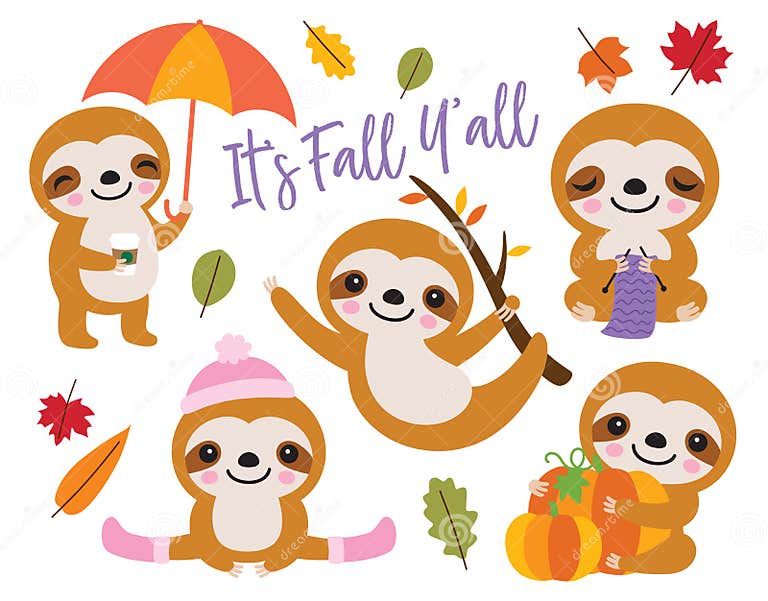 Cute Baby Sloth in Fall Autumn Stock Vector - Illustration of happy ...