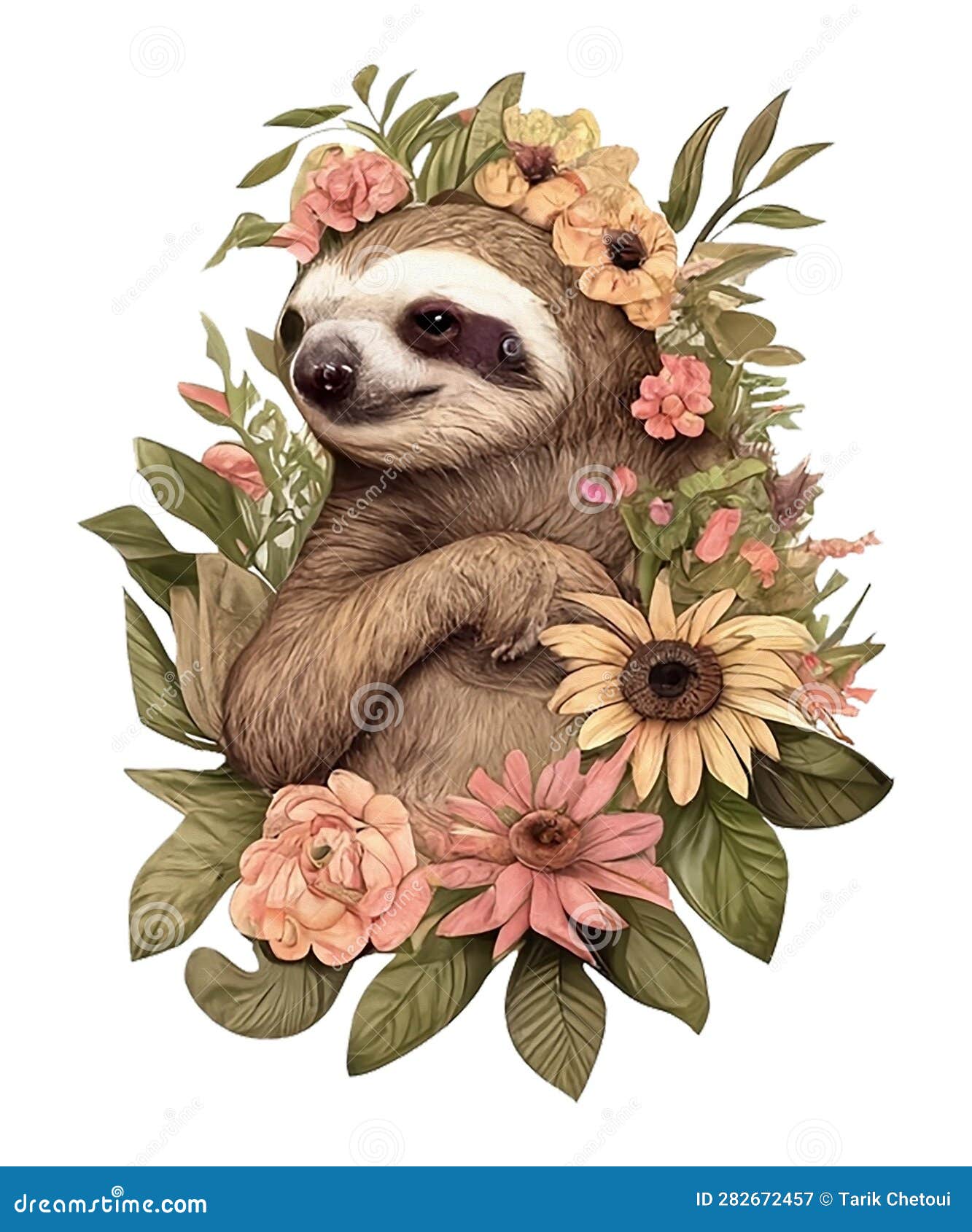 Sloth with Flowers Watercolor Cartoon Stock Illustration - Illustration ...