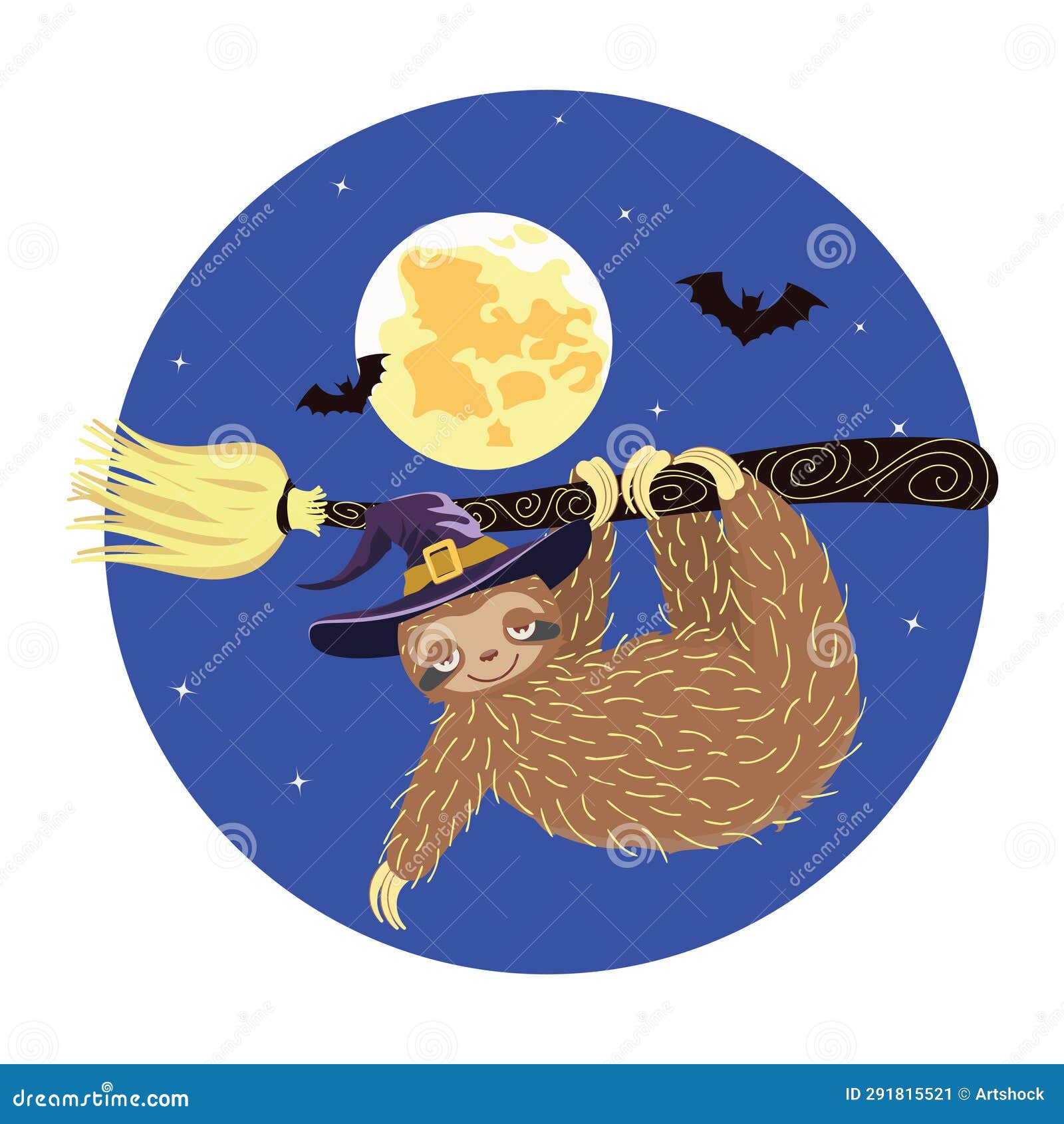 Sloth Flying on Witch Broom Stock Illustration - Illustration of cute ...