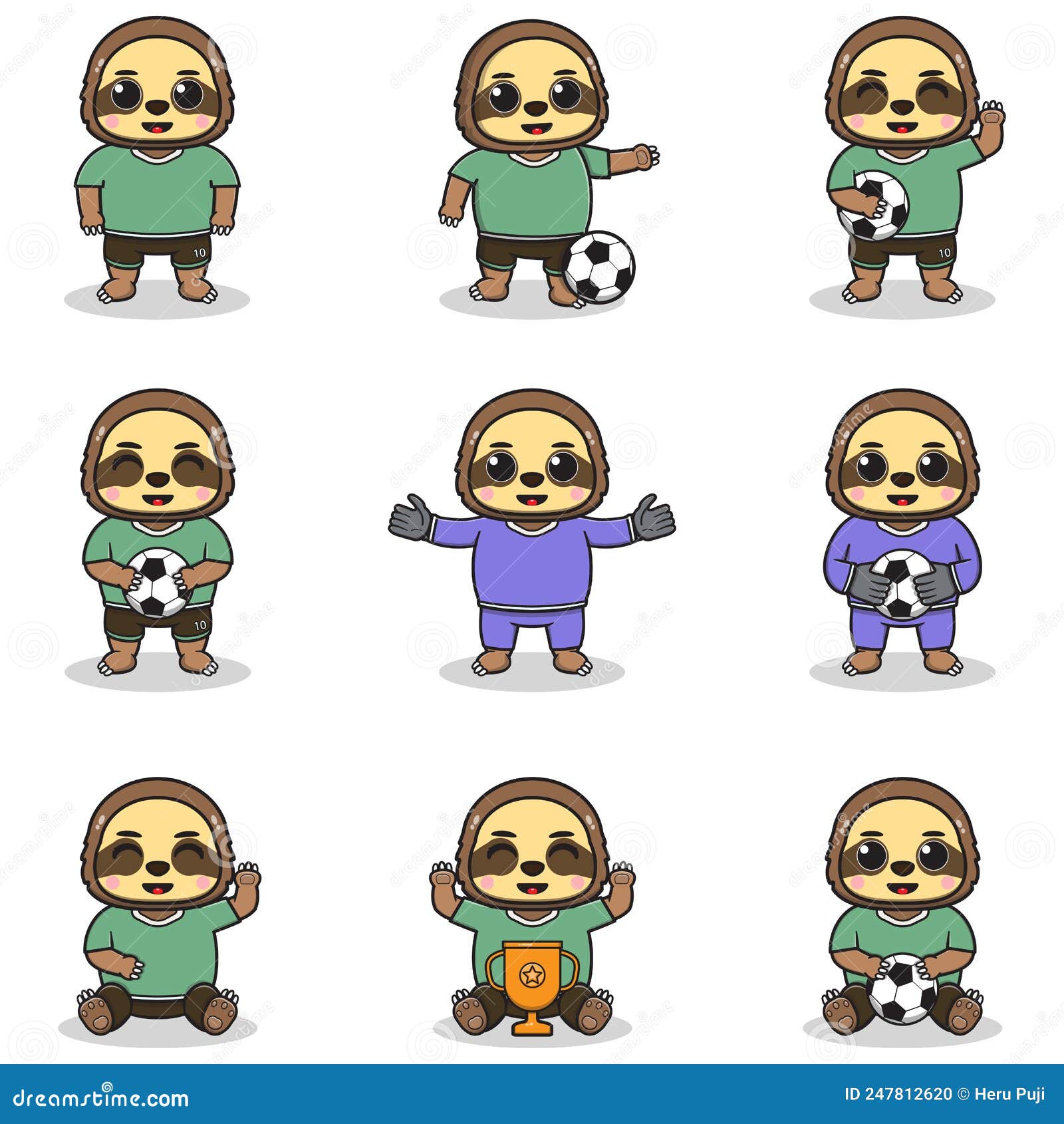 Vector Illustration of Sloth Characters Playing Football Set Stock ...