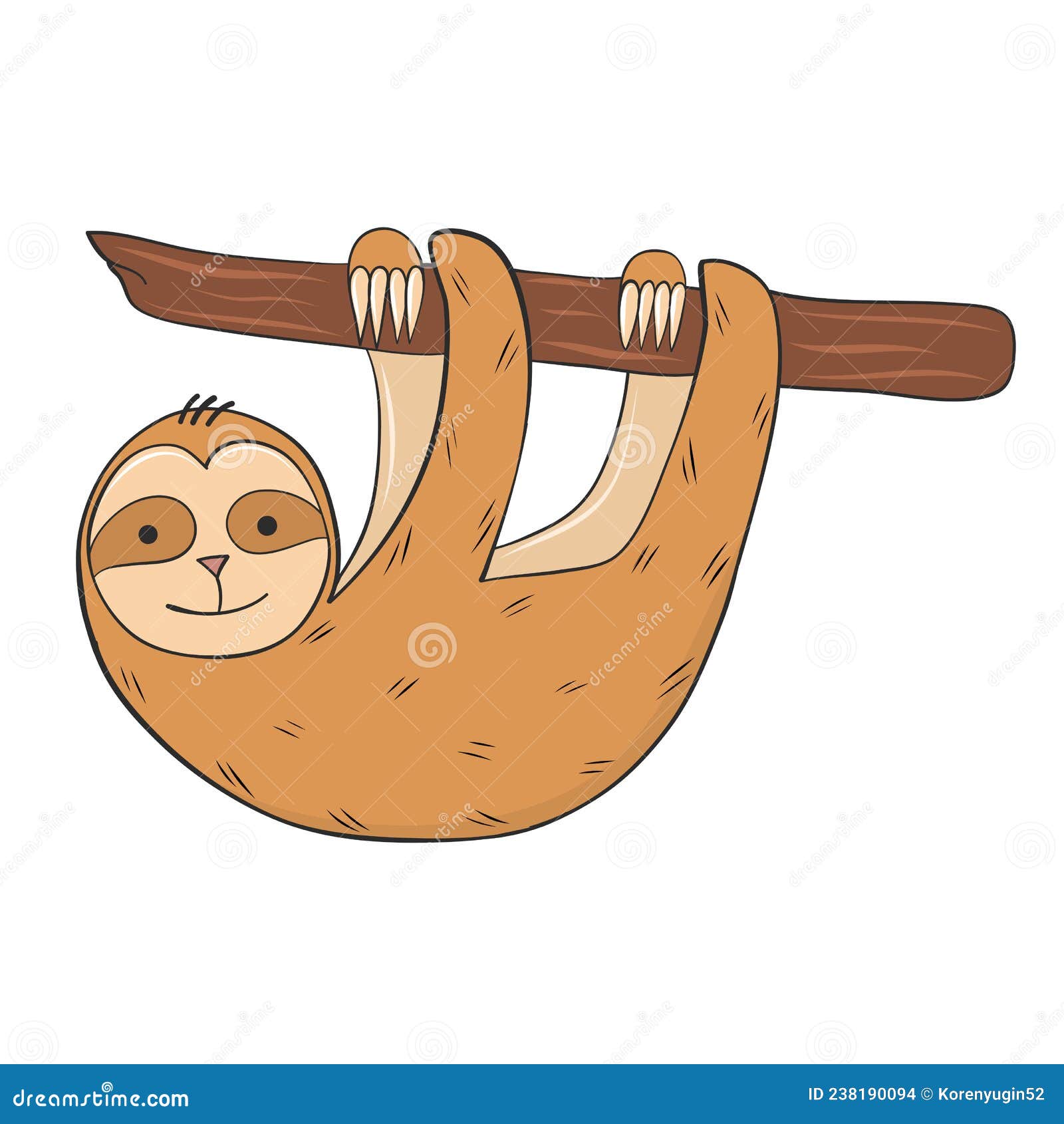 Sloth Hanging on Branch Hand Drawn Stock Vector - Illustration of ...
