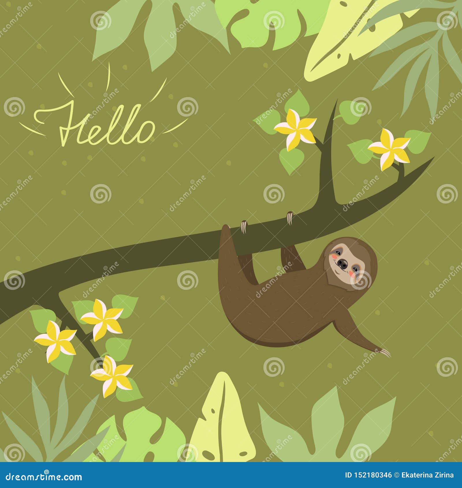 Sloth Hanging on a Twig. Template Postcard with the Words Hello. Vector ...