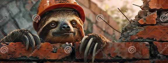 A Sloth in a Hard Hat is Laying a Brick Wall Stock Photo - Image of ...