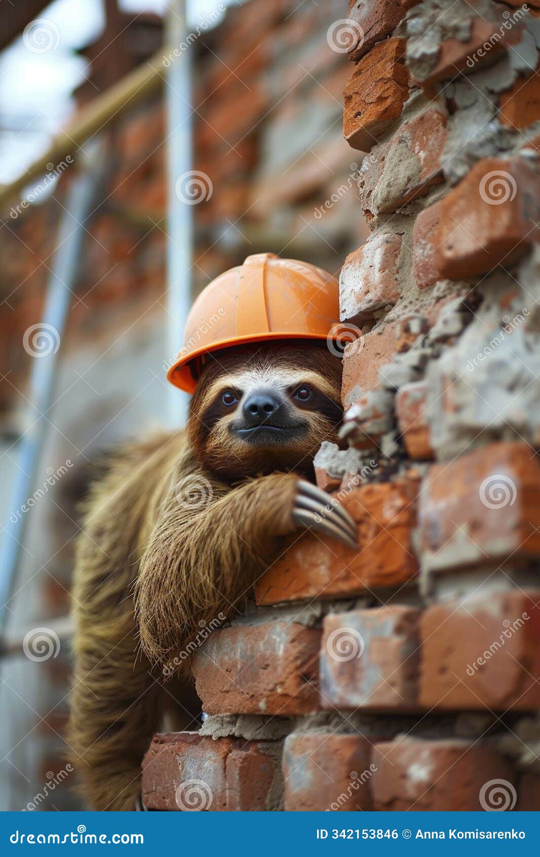 A Sloth in a Hard Hat is Laying a Brick Wall Stock Photo - Image of ...