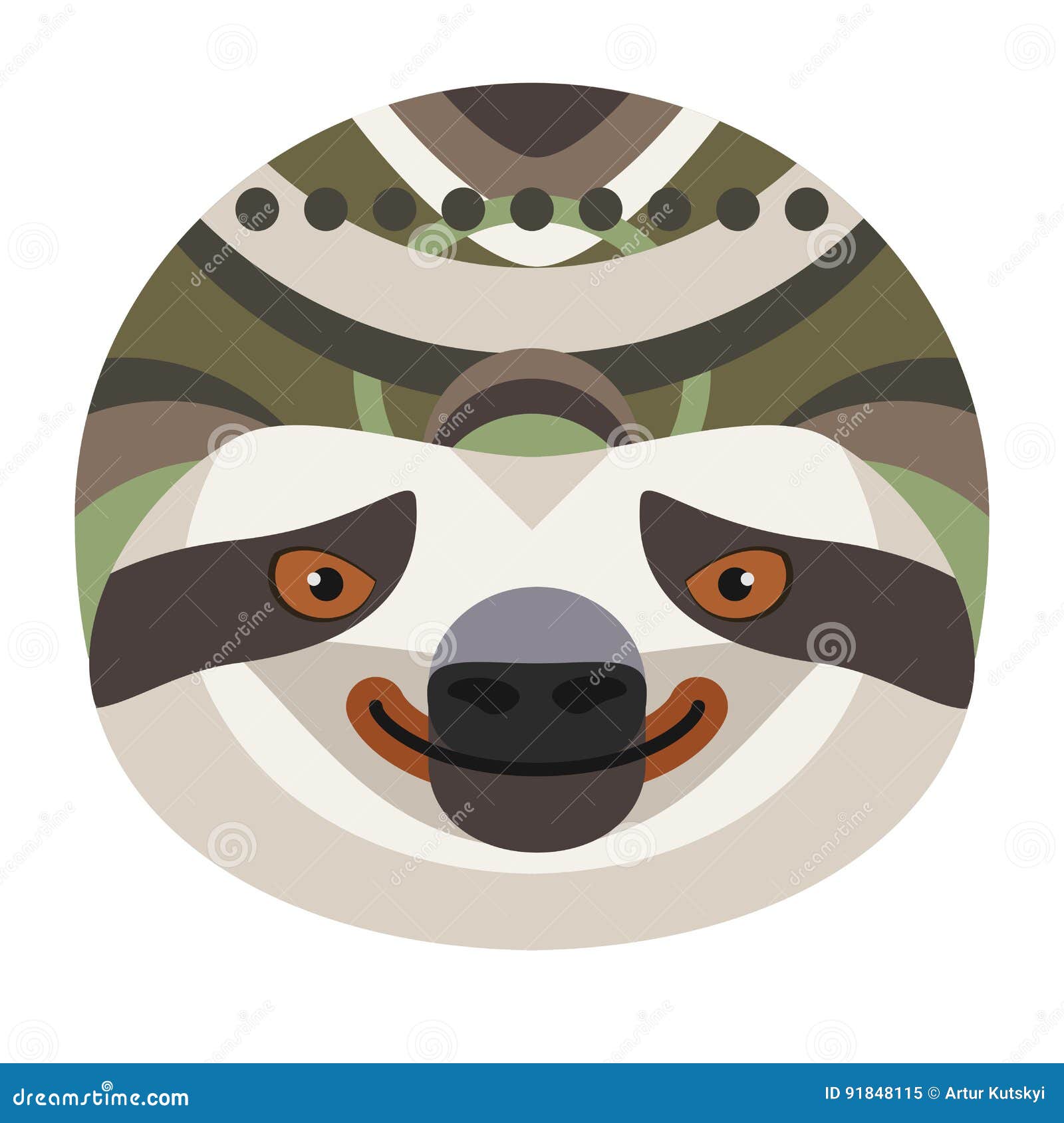 Sloth. Head, Face, Portrait. Gray Fur. Cartoon Style. Animal Smiles ...