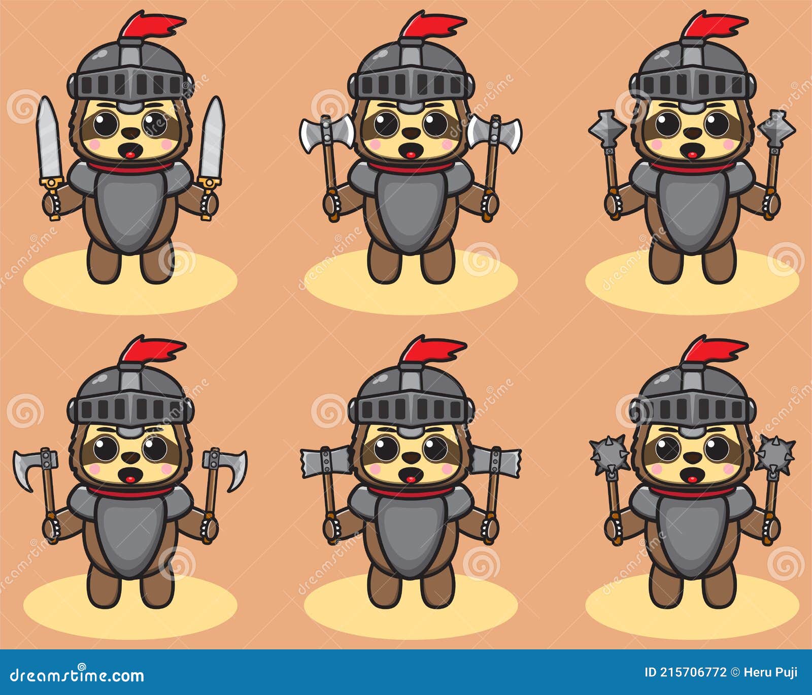 Little Sloth Knight with Dual Weapon Cartoon Set. Stock Vector ...