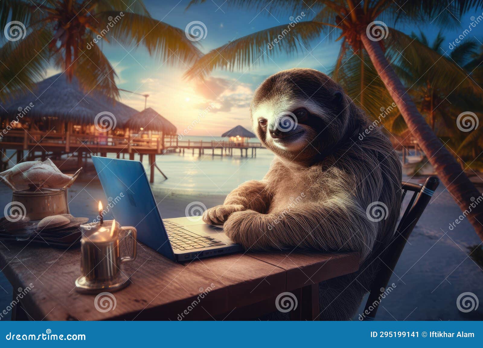 Sloth and Laptop on the Tropical Beach at Sunset. Freelance Concept ...