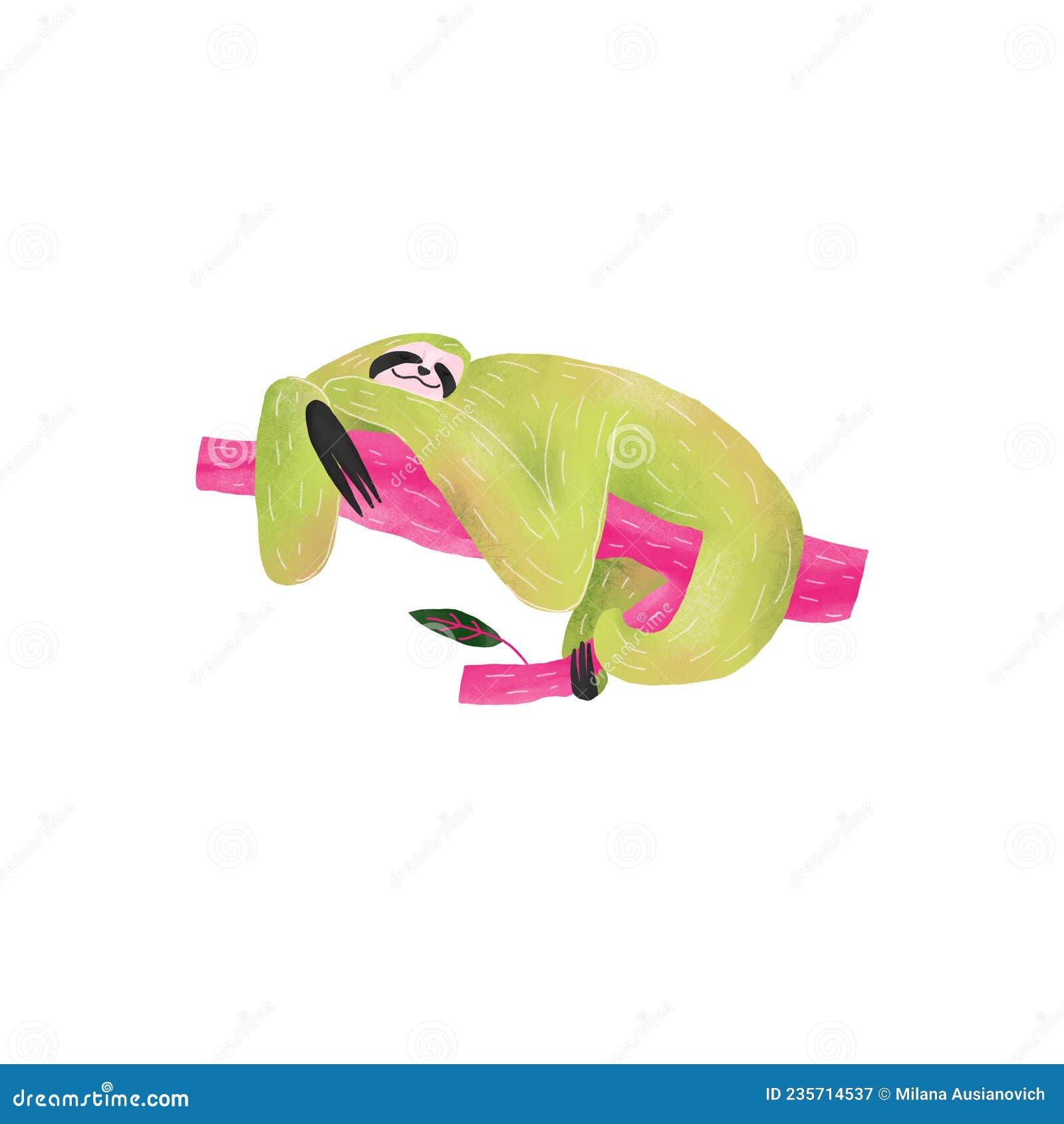 Sloth Laying on Tree Branch, Itextured Image. Cartoon Character Drawing ...