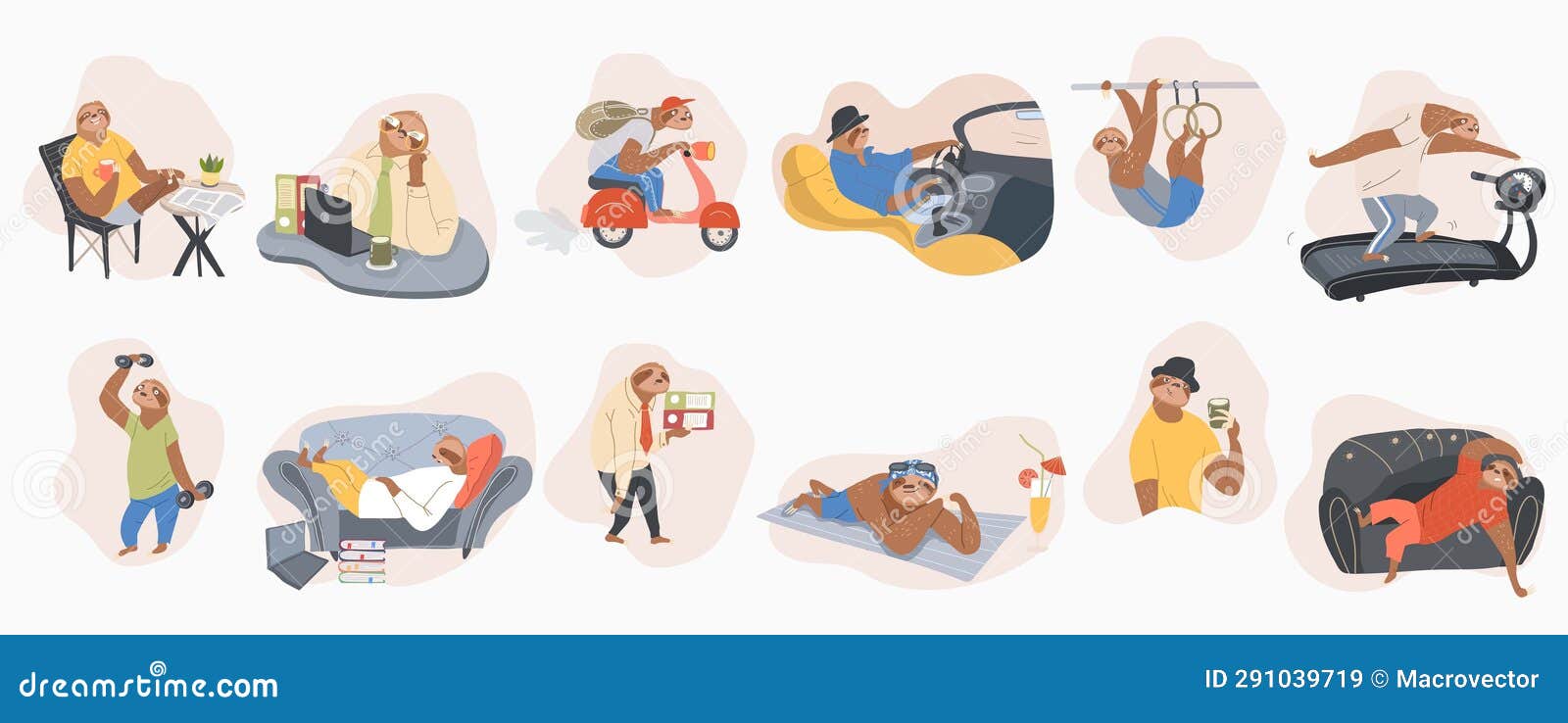 Laziness Sloth Animal Character Different Pose Like Human Cute Lazy ...