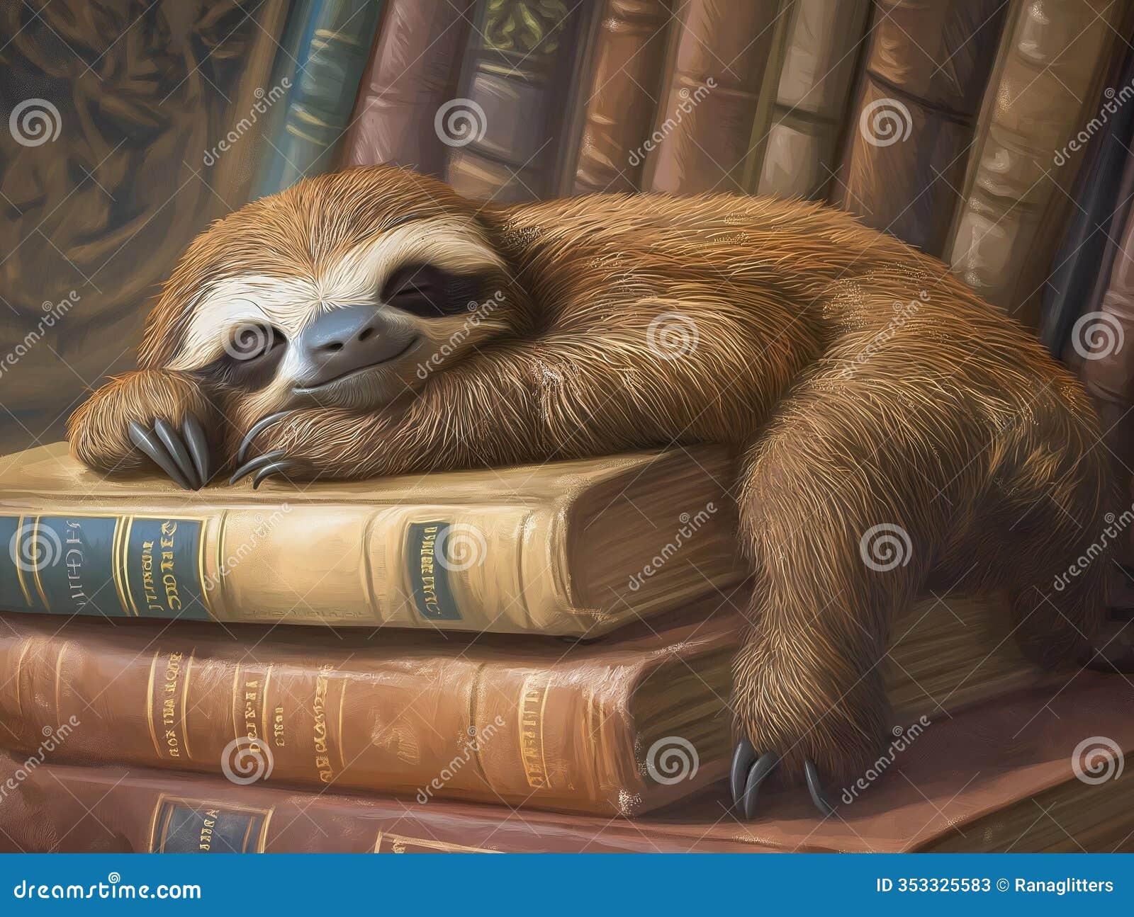 Sloth Napping on a Stack of Books, Playful Scene Stock Illustration - Illustration of napping ...