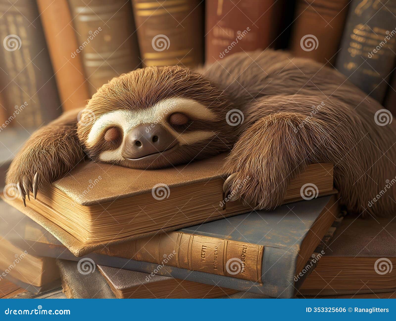 Sloth Napping on Stack of Vintage Books Stock Illustration ...