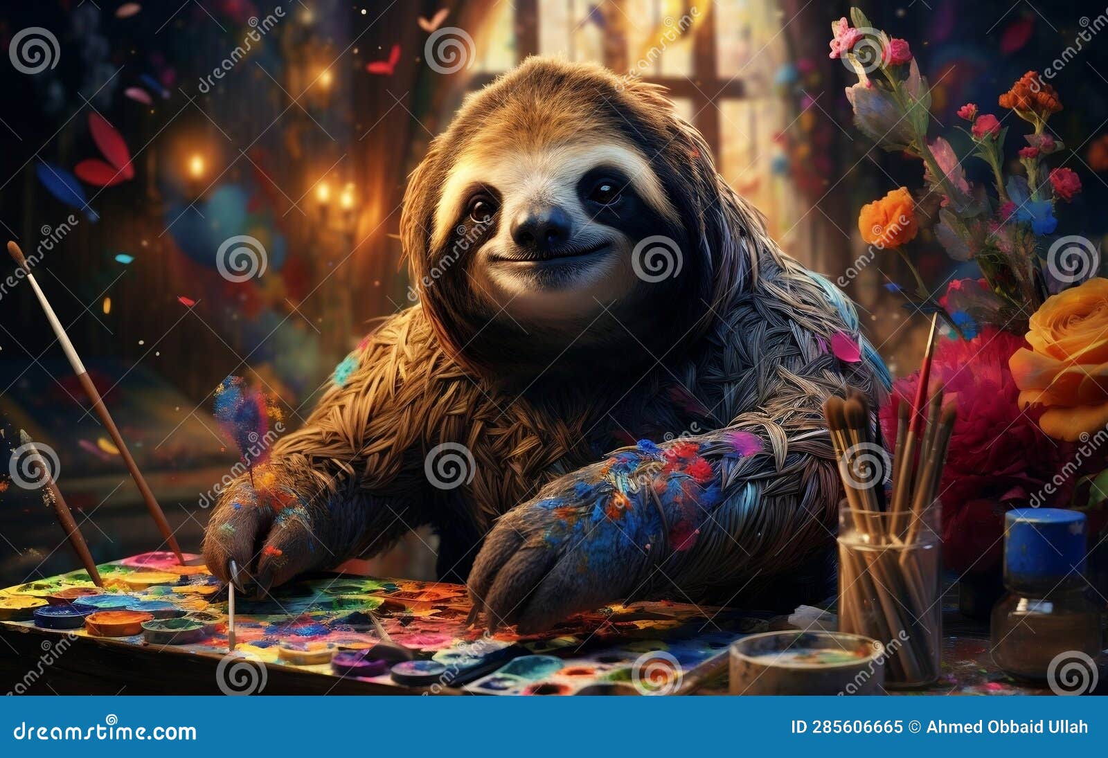 Sloth Playing with Paints and Brushes, Generative Ai Stock Illustration ...