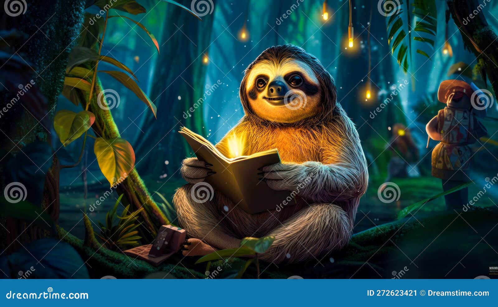 Sloth is Reading Book in the Jungle. Generative AI Stock Illustration ...