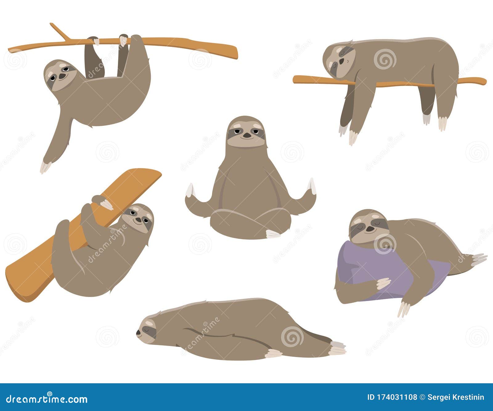 Sloths in different poses. stock vector. Illustration of brown - 174031108