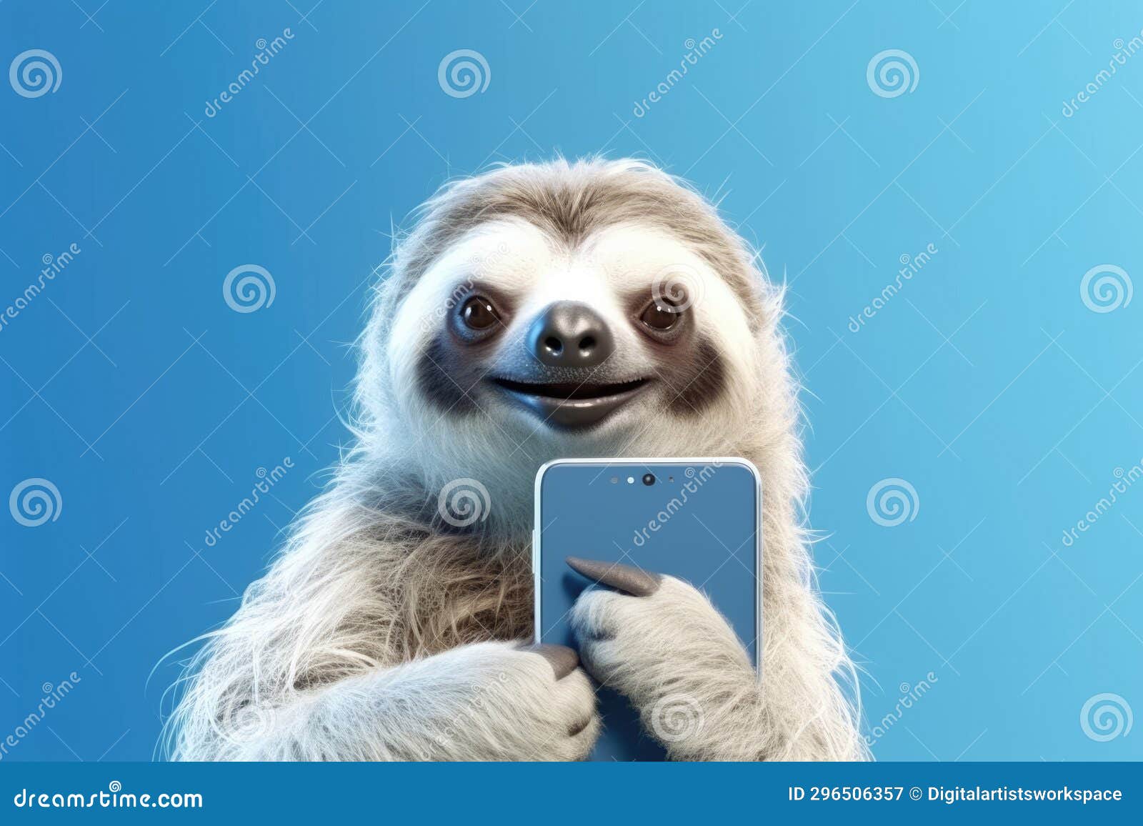 Sloth with Smartphone on Blue Background, Generative AI Stock ...