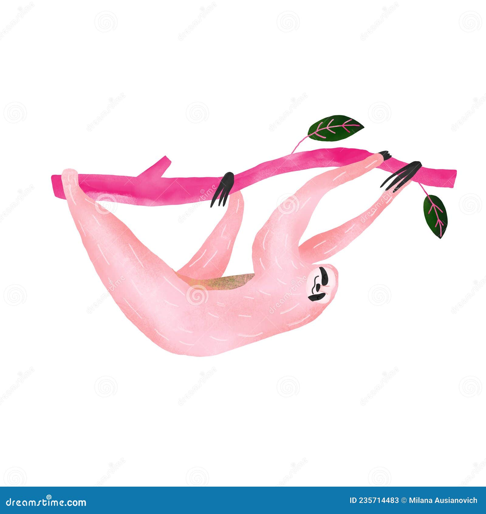 Sloth on Branch Textured Image. Cartoon Character Drawing Stock ...