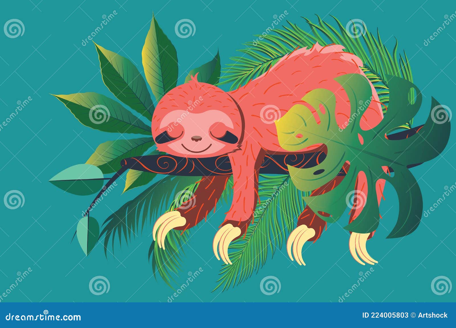 Sloth with tropical leaves stock vector. Illustration of background ...