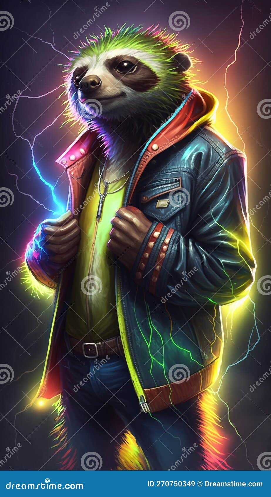 Sloth Wearing A Neon Leather Jacket Fashion Model Stock Illustration Illustration Of Fiction