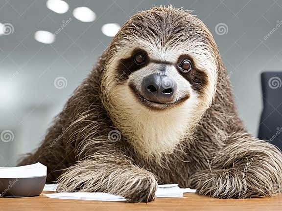 Sloth Working at a Desk, Laptop and Documents in Front of Him Stock ...