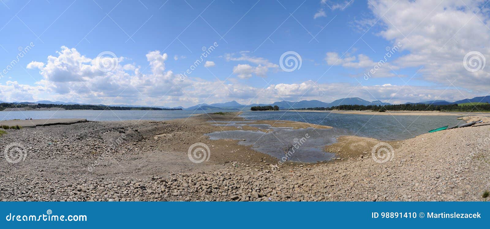 Slovakia Lake with Blue Water and Sand Beach, White Clouds on Blue Sky ...