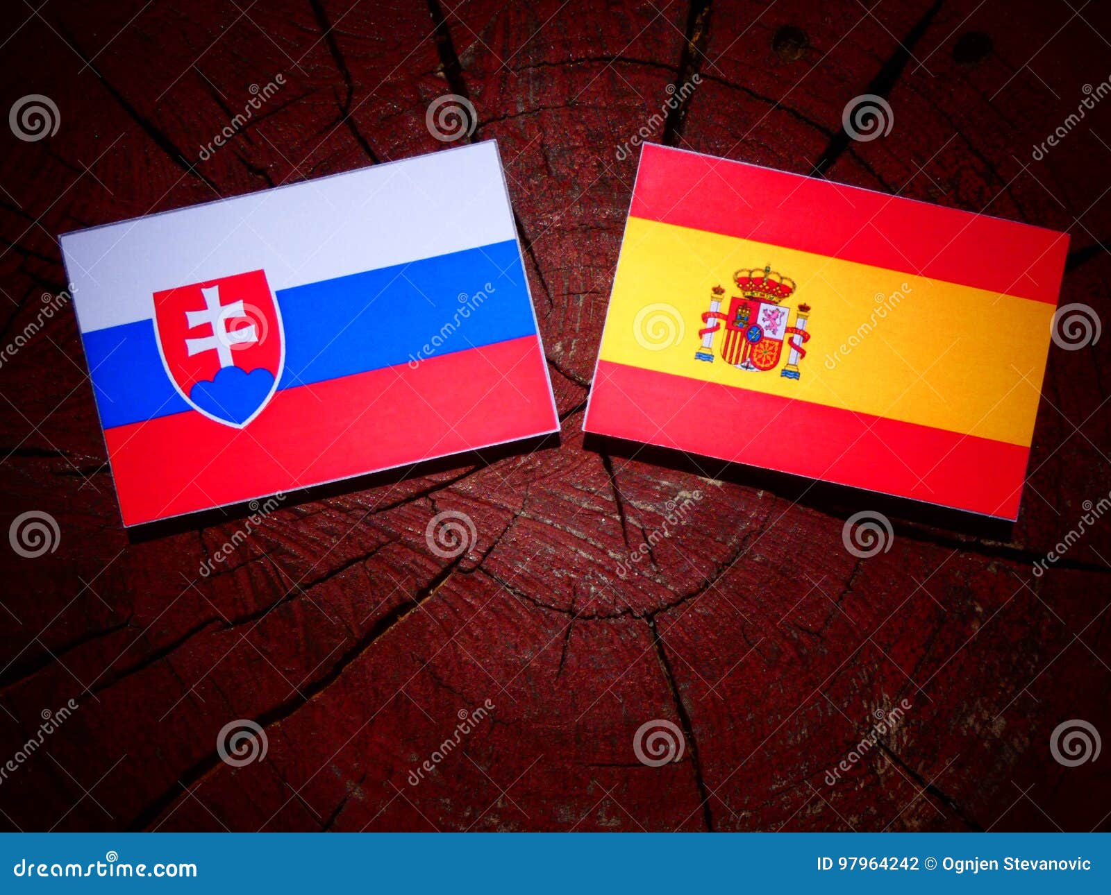Slovakian Flag with Spanish Flag on a Tree Stump Stock Photo - Image of ...