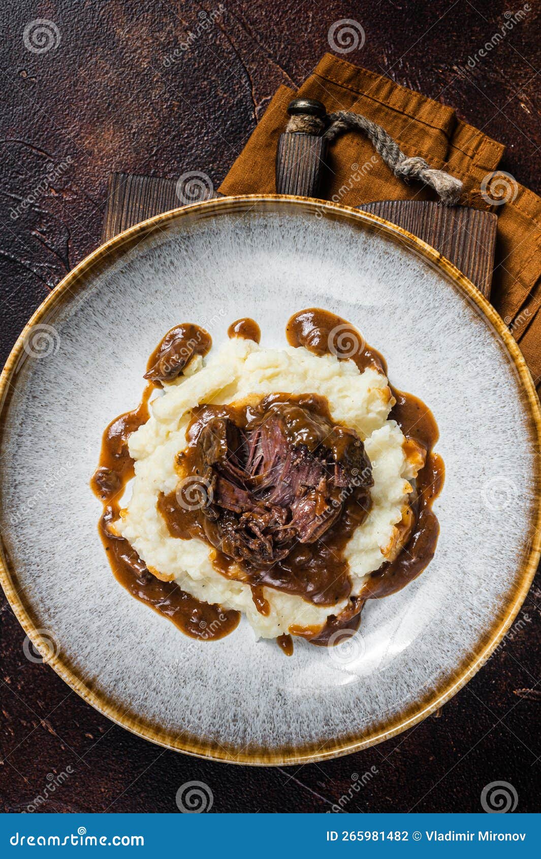 Slow Cooked Beef Cheeks in Red Wine Sauce with Mashed Potato. Dark ...