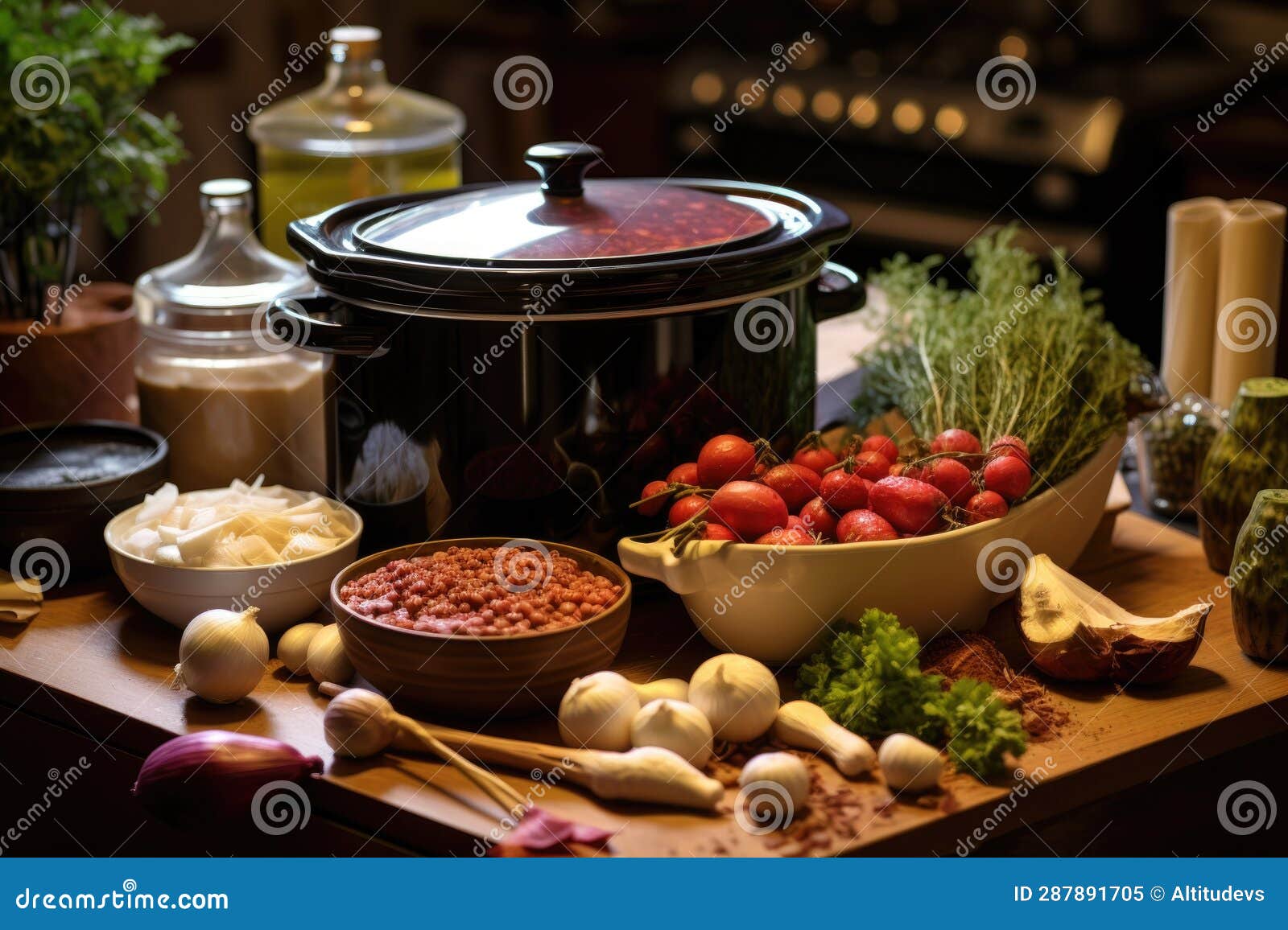 Slow Cooker on Kitchen Counter, Surrounded by Ingredients Stock Image ...