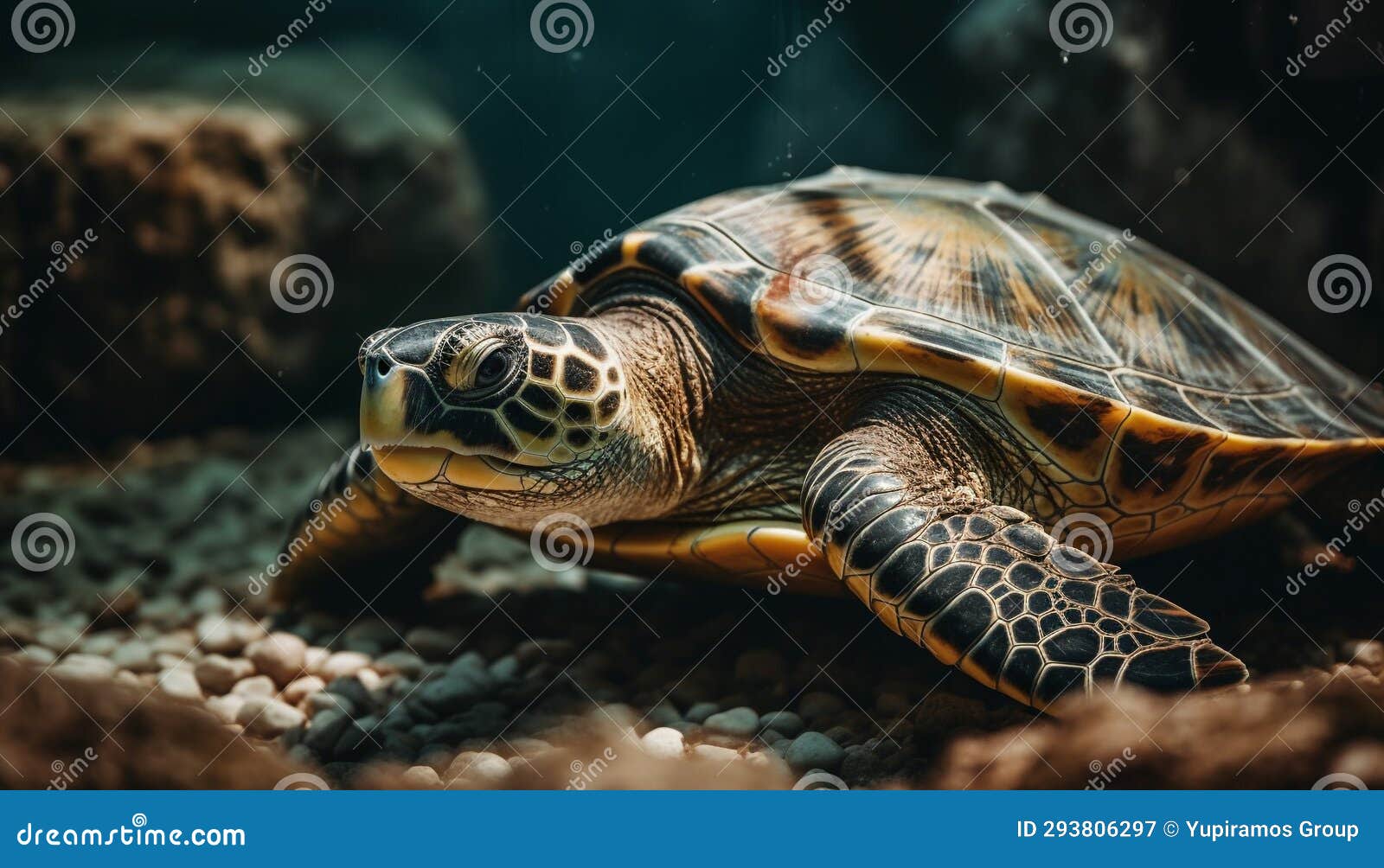 A Slow Sea Turtle Crawls Underwater, Its Shell Multi Colored Generated ...