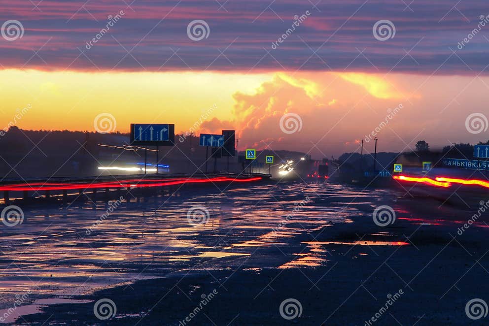 Slow Shutter on Evening Traffic in Rain Track Stock Image - Image of ...