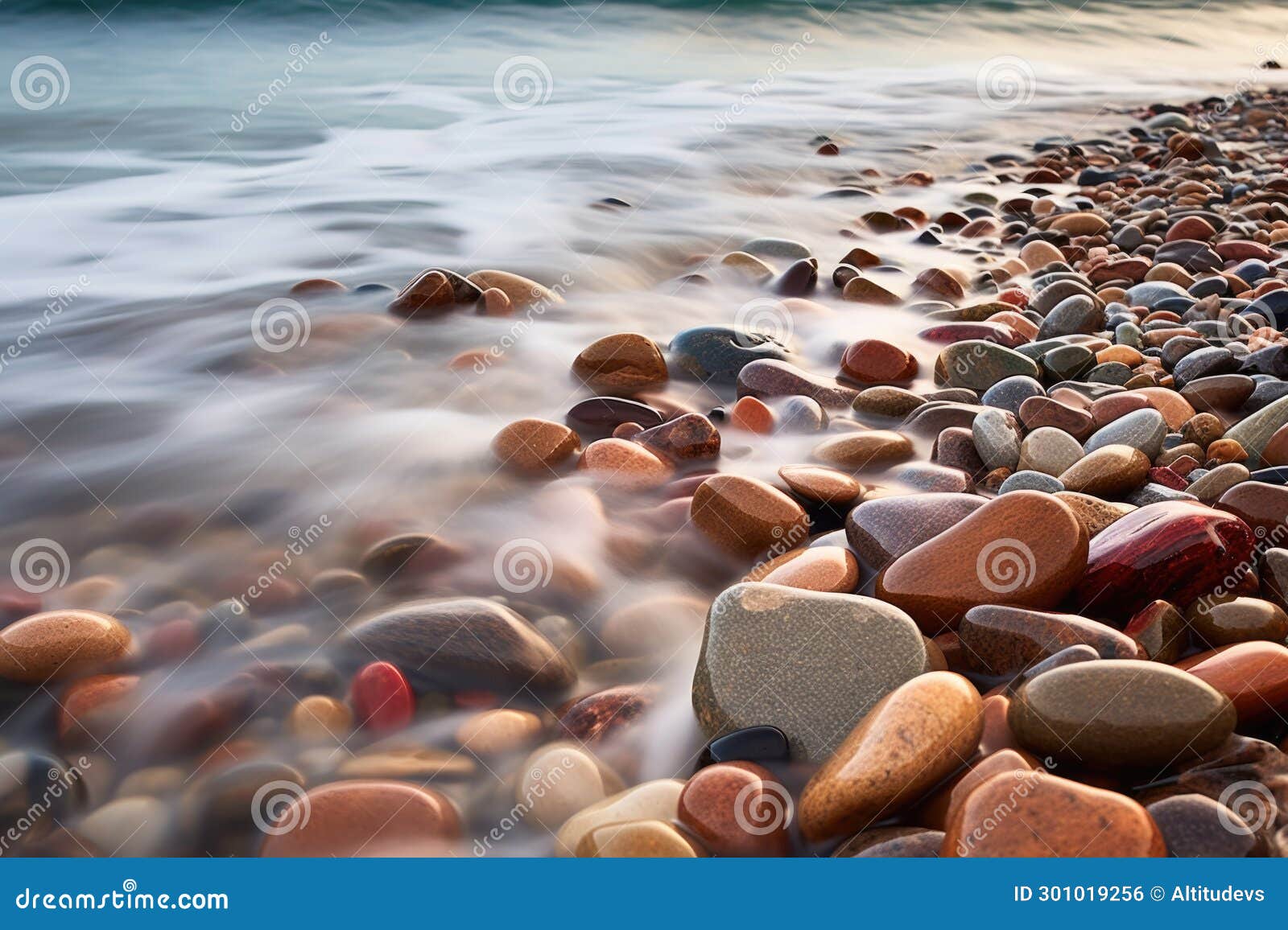 A Slow Shutter Shot of Waves Smoothly Rolling Over Pebbles Stock Photo ...