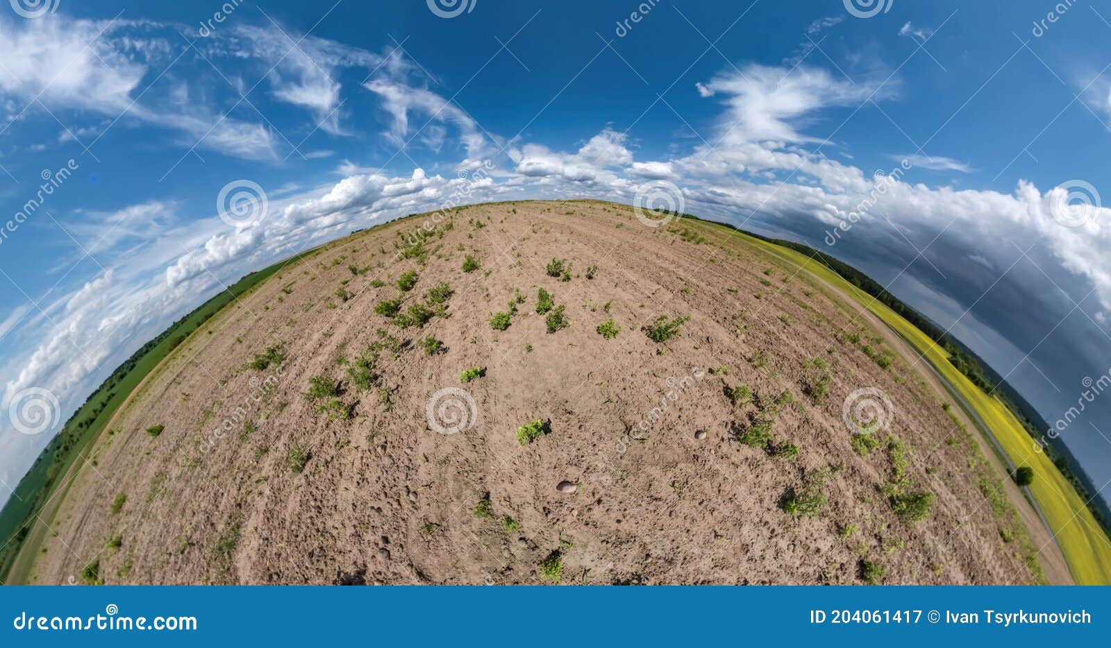 Slow Transformation of the Landscape into Tiny Planet in Blue Sky with ...