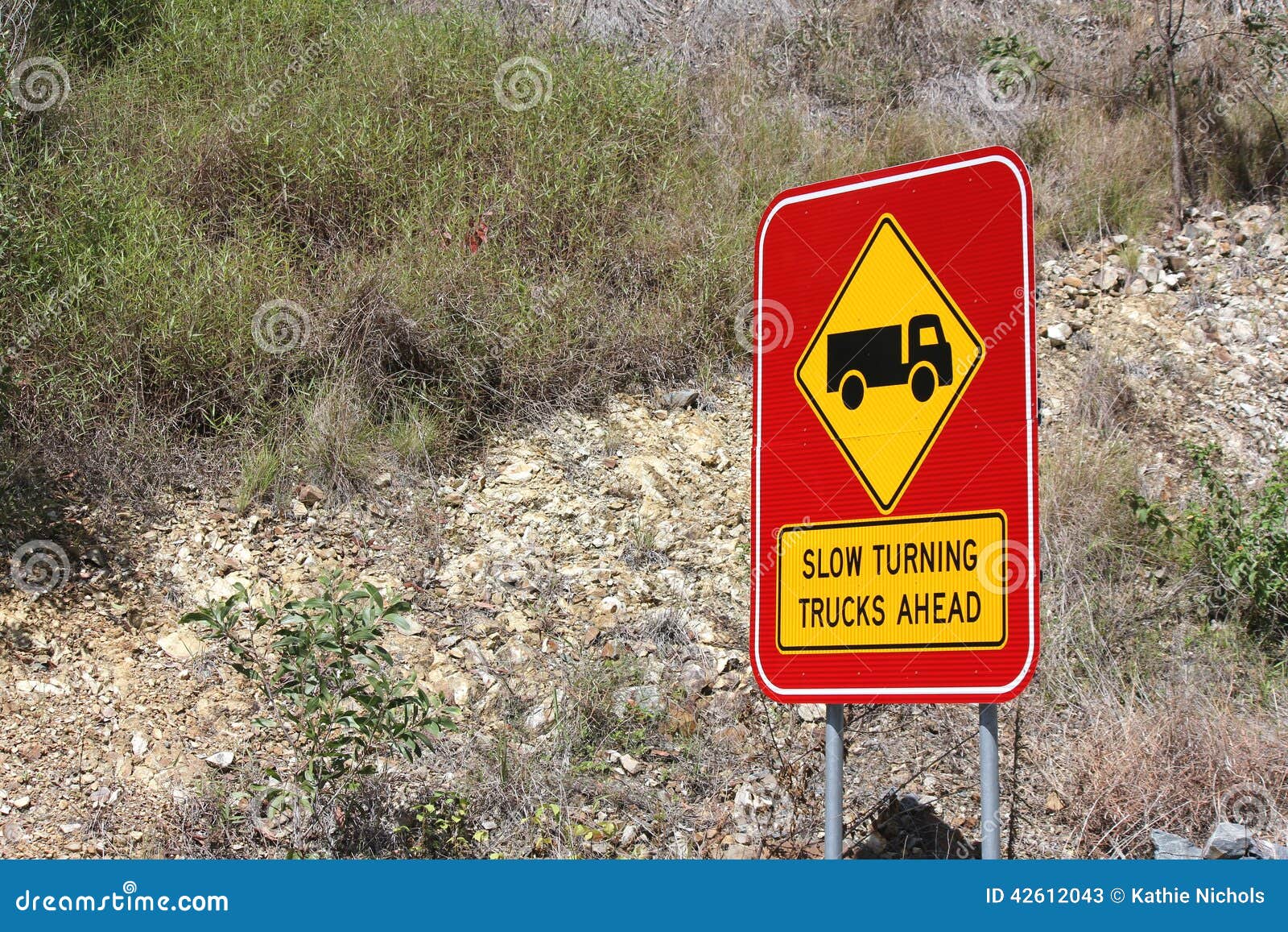 Slow Turning Trucks Ahead Sign Stock Image - Image of crest, area: 42612043