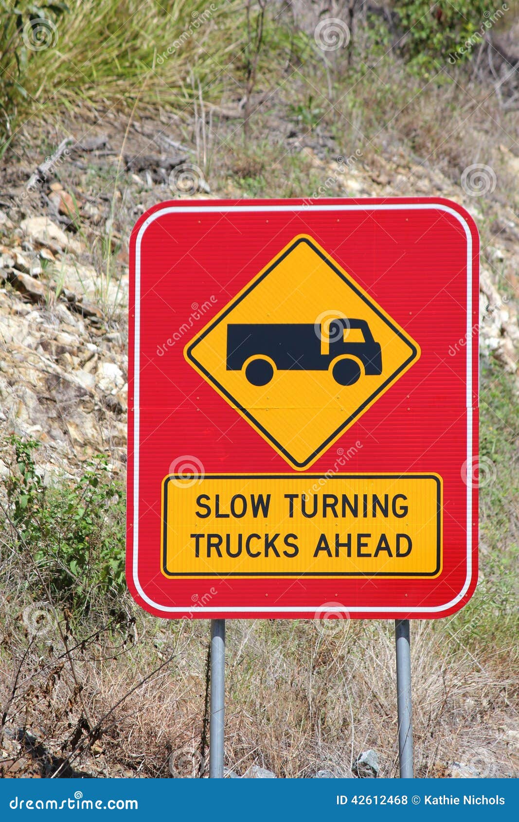 Slow Turning Trucks Ahead Sign 1 Stock Photo - Image of narrow ...
