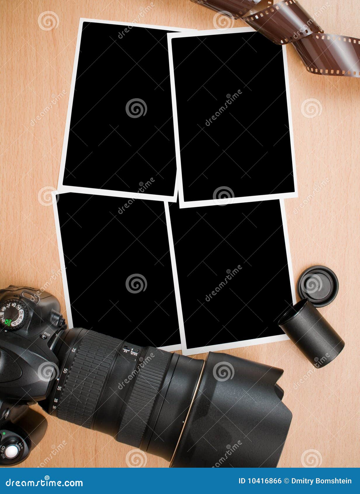 SLR Camera and Blank Photo Prints Stock Photo - Image of lens, close ...