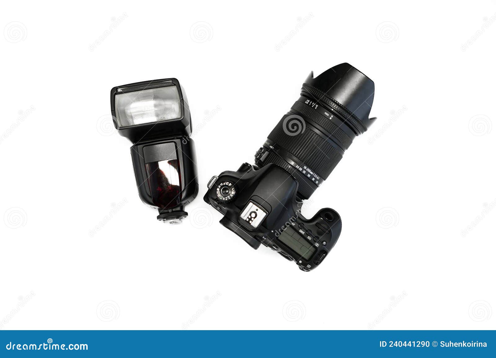 SLR Camera with Flash on White Background Top View Stock Photo - Image ...
