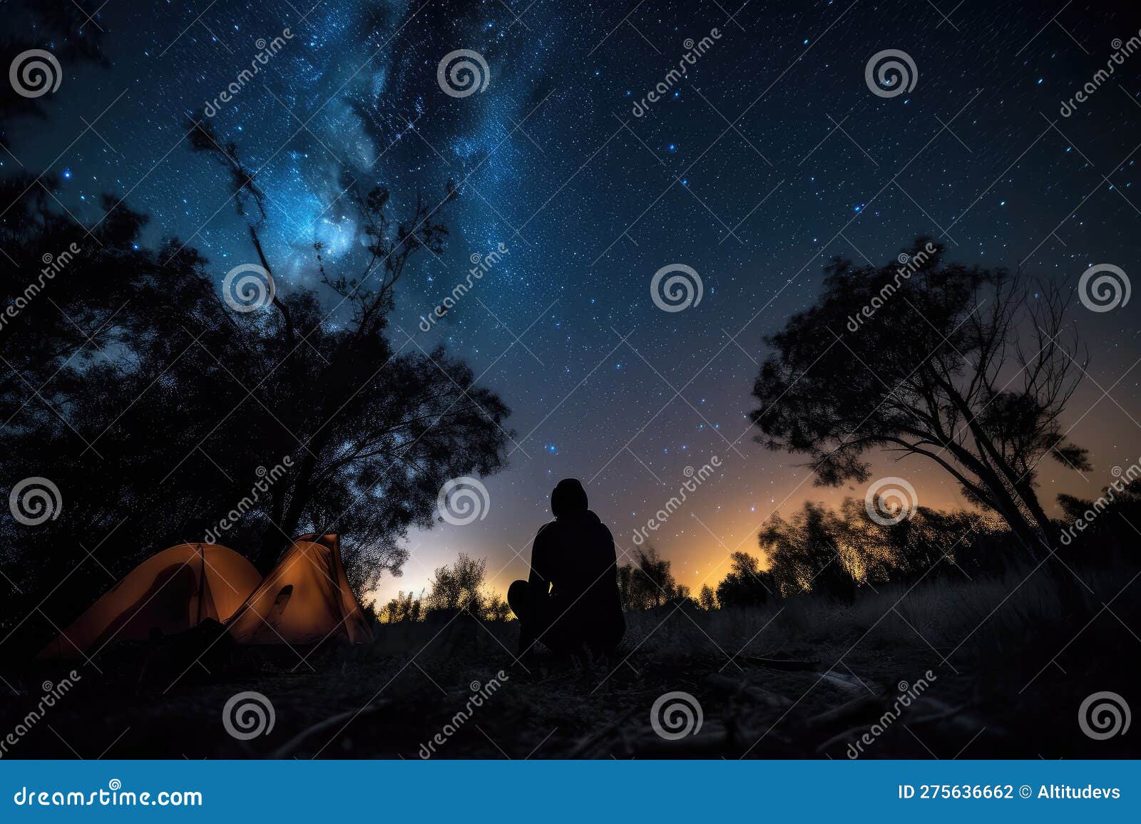 Slumbering Backpacker Under Starry Sky, With Silhouettes Of Trees In ...
