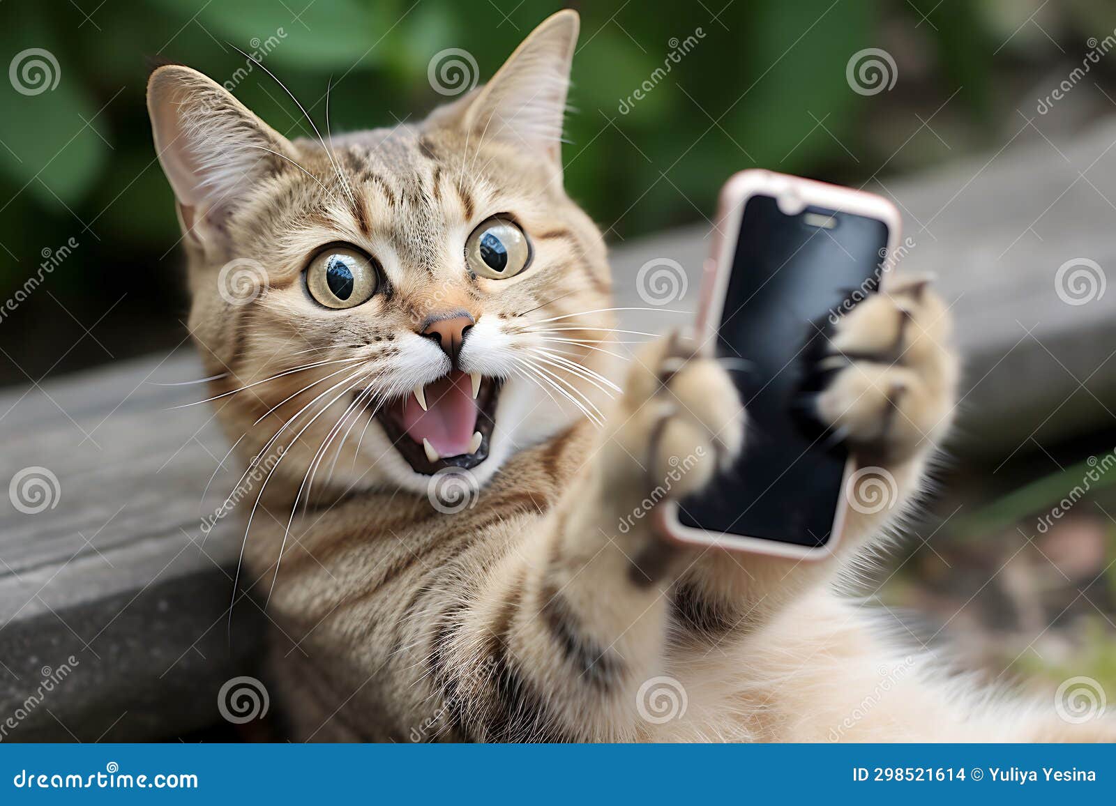 Sly Tabby Cat with a Mobile Phone in His Hands. Stock Photo - Image of ...