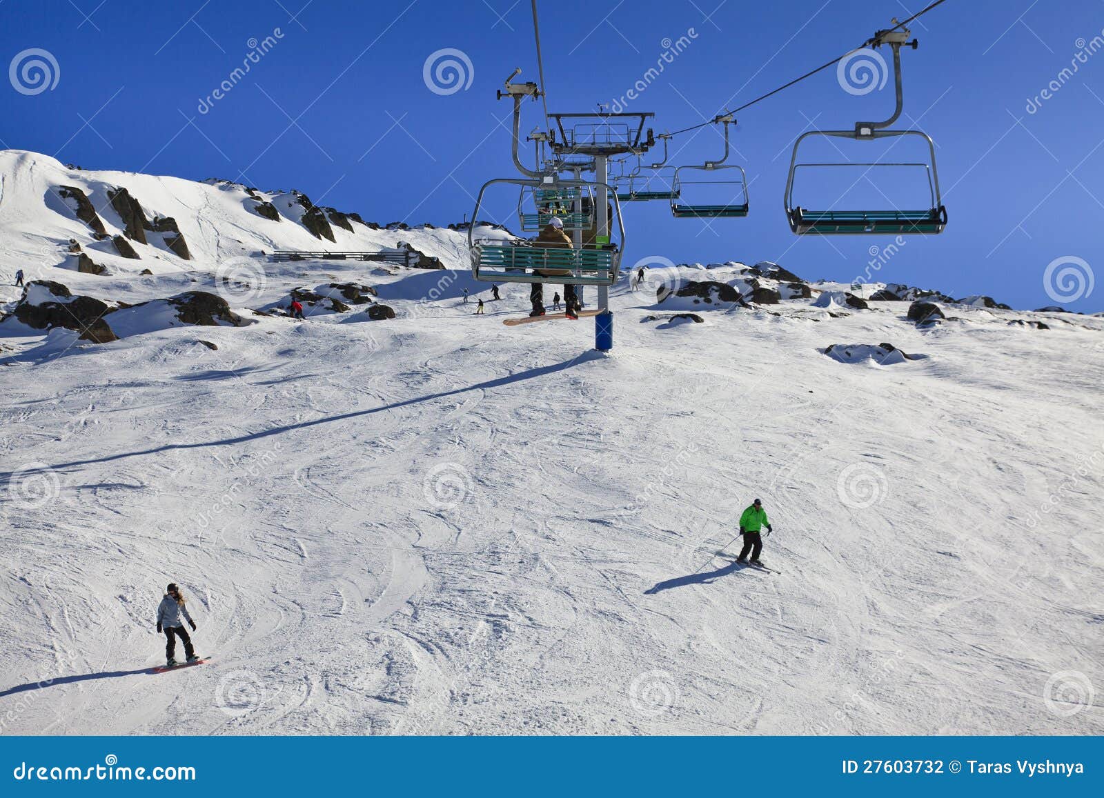 Ski Chair Lift Steel Construction With Big Yellow Wheels On Beautiful ...
