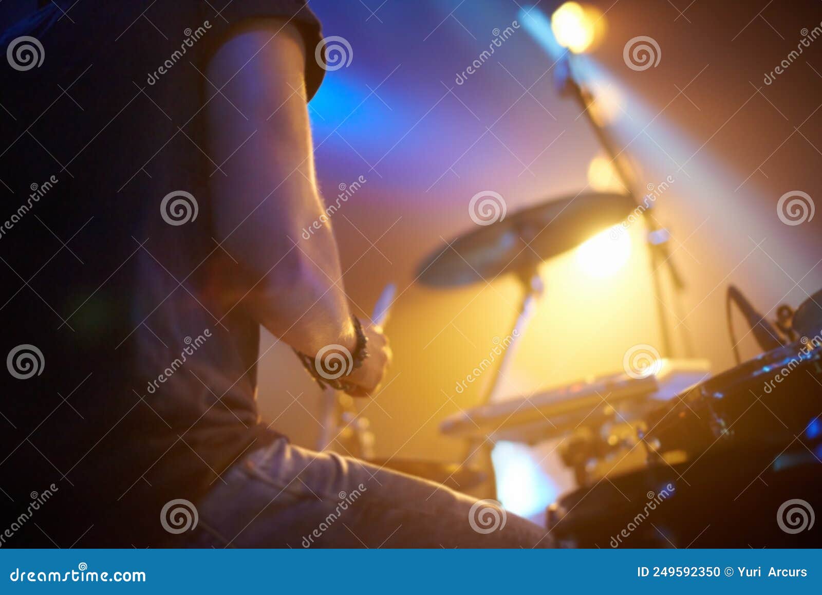 Smacking the Skins Hard. a Young Drummer Rocking Out on Stage. Stock ...
