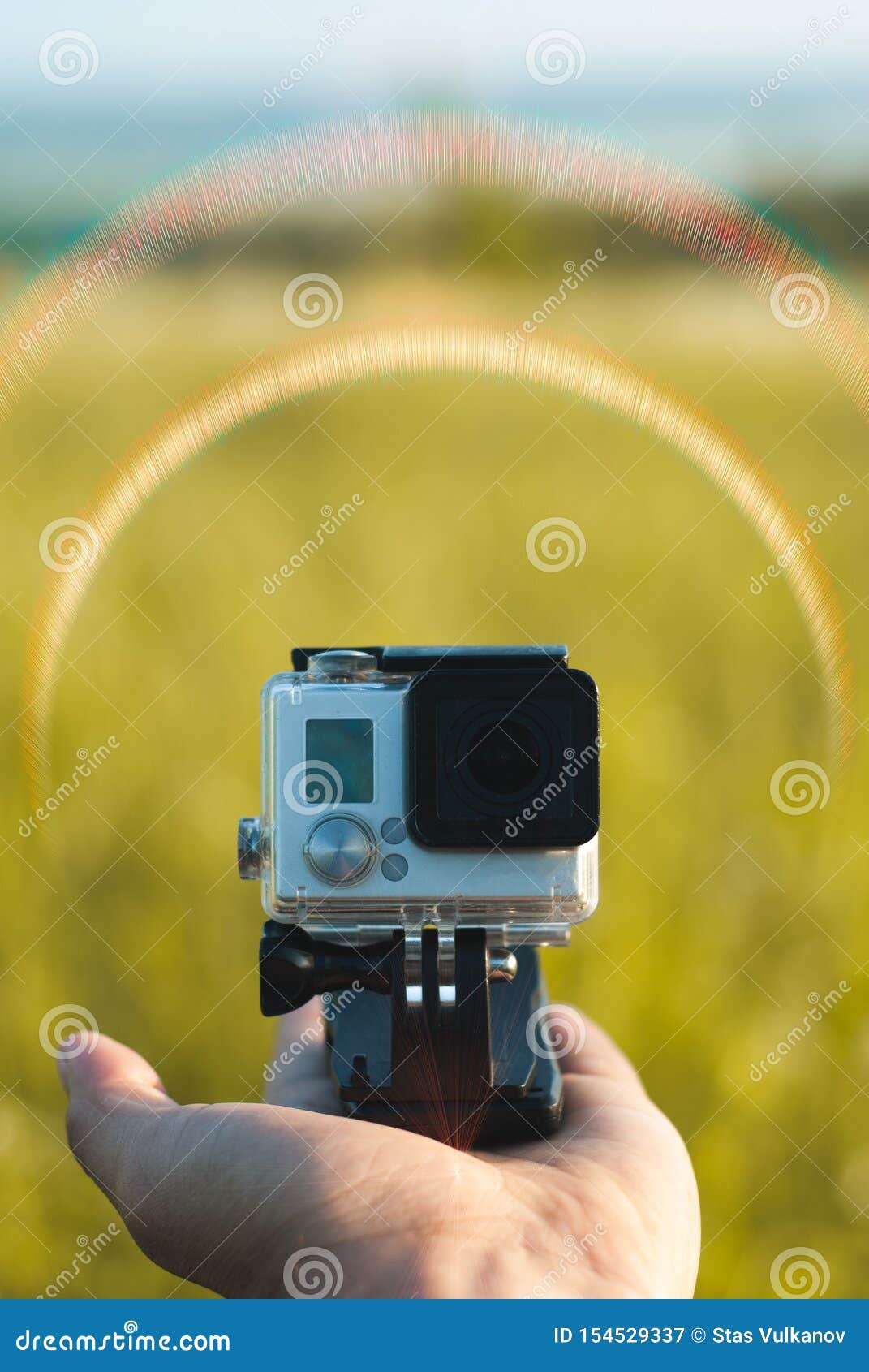 Small Action Camera on Nature Background, Advertising Template, Stock ...