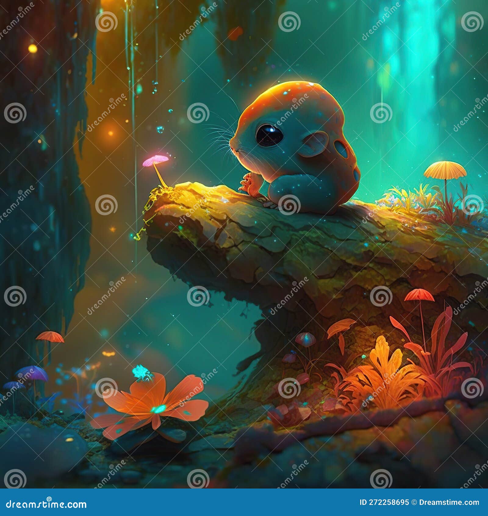 A Small Adorable Colorful Elven on a Rock in a Colorful Fantasy Forest ... A Small Adorable Colorful Elven on a Rock in a Colorful Fantasy Forest ...