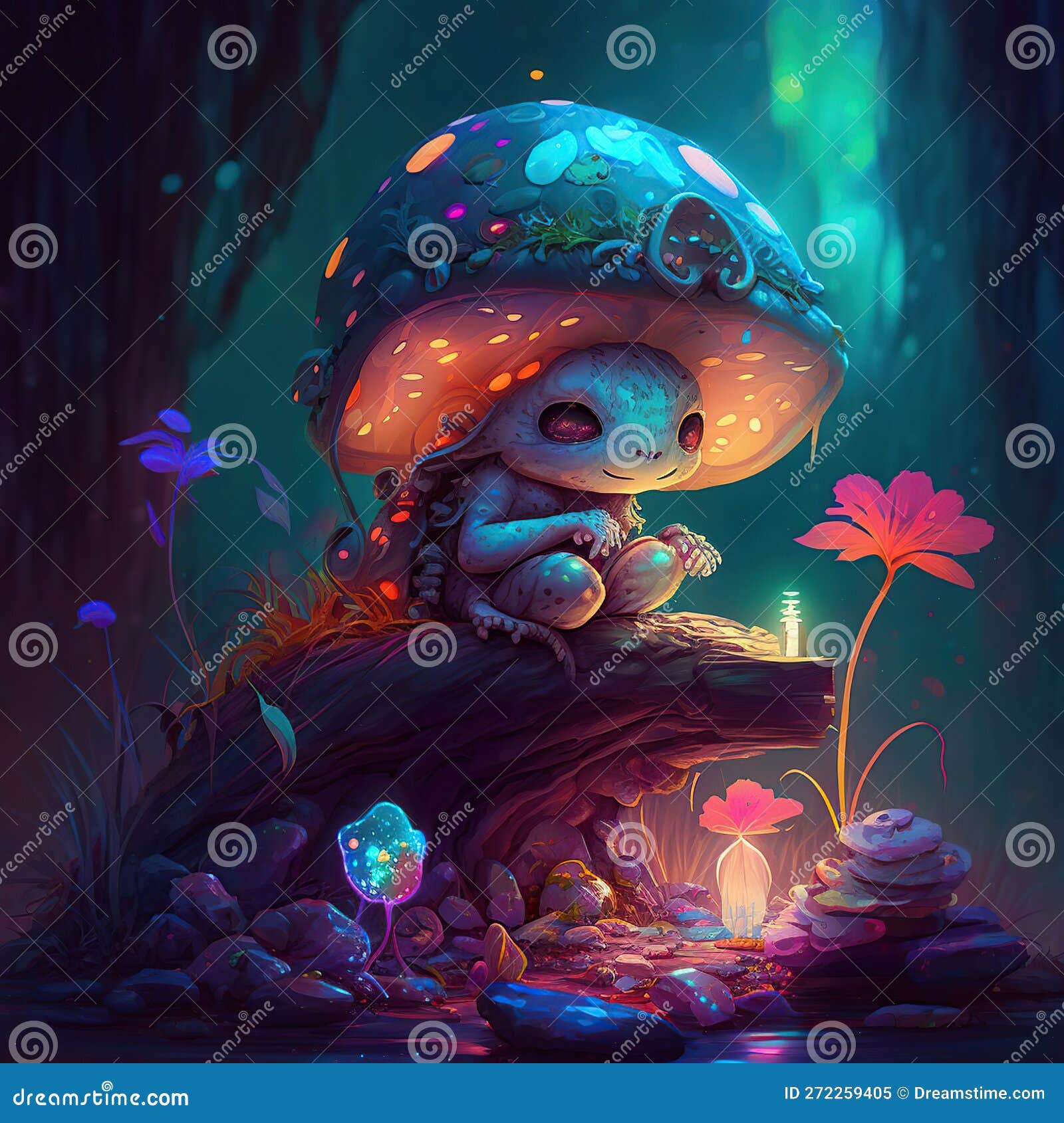 A Small Adorable Colorful Elven Sitting Under Mushroom, on a Rock in a ... A Small Adorable Colorful Elven Sitting Under Mushroom, on a Rock in a ...
