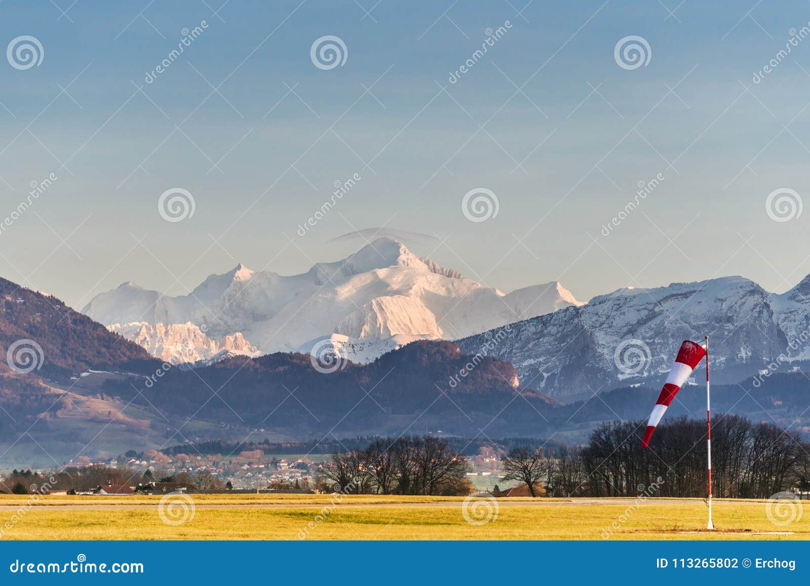 Small Airfield in Front of Mountain Top. Sunset Over Mountains. Stock ...