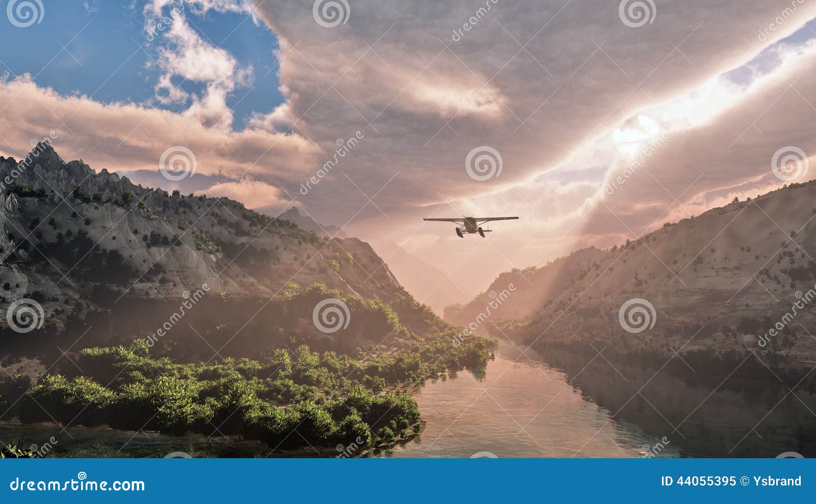 Small Airplane Flying through Snow Mountain Valley with River. Stock ...