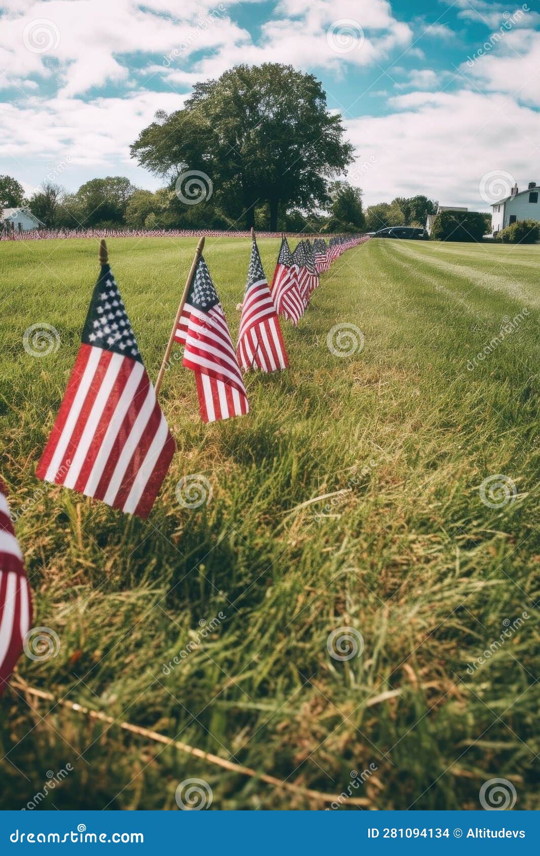 Small American Flags Lined Up on a Grass Field Stock Illustration ...