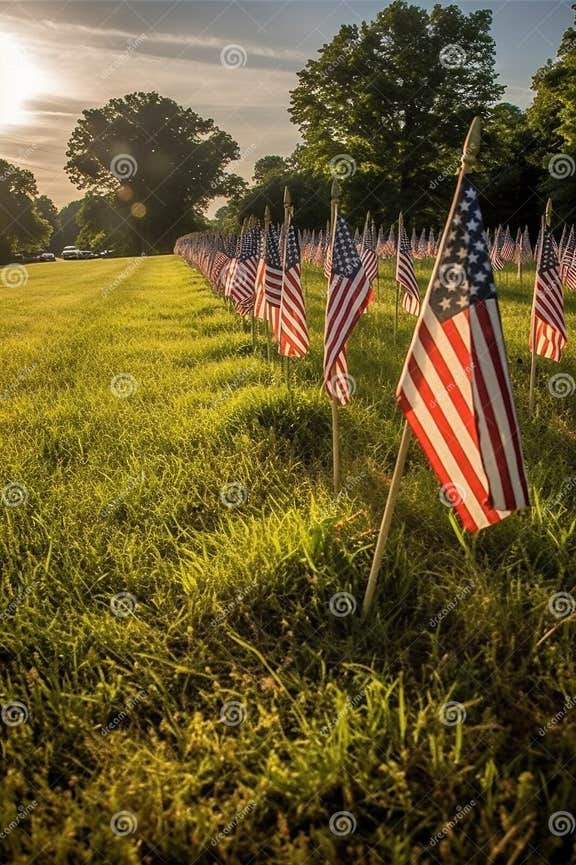 Small American Flags Lined Up on a Grass Field Stock Photo - Image of ...