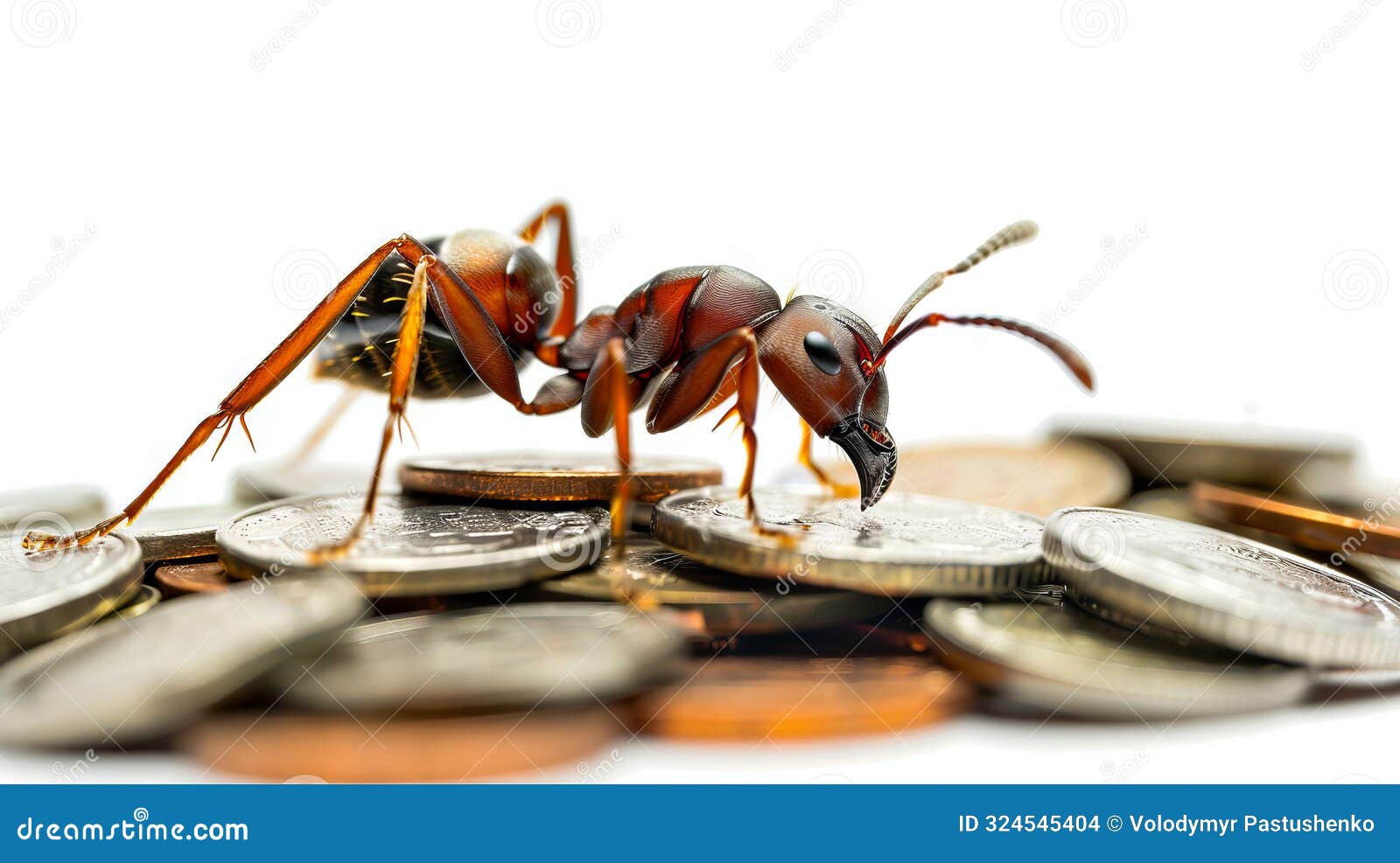 A Small Ant is Standing on Top of Some Coins Stock Photo - Image of ...