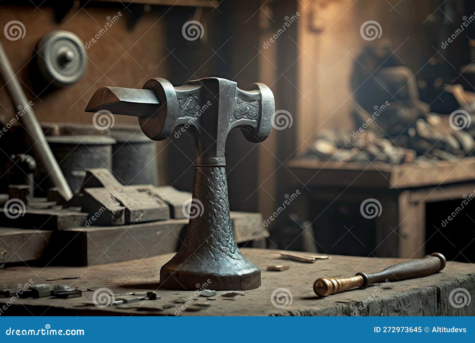 Small Anvil in Form of Hammer on Stand Stands on Table in Workshop ...
